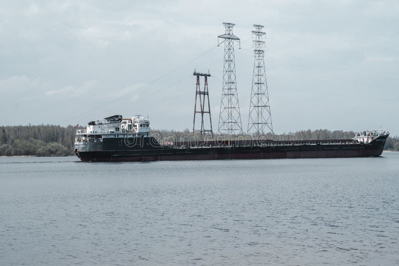 .a Large Empty Barge Floats on the River. Side View Stock Image - Image ...