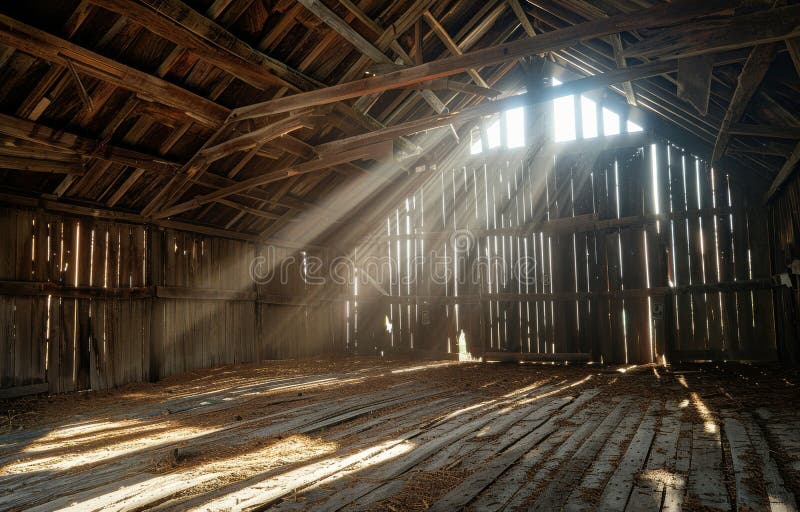 A Large, Empty Barn with Sunlight Streaming in through the Rafters ...
