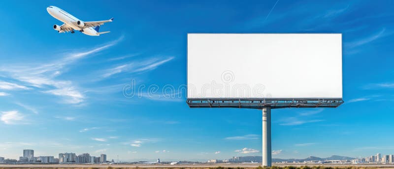 Large Empty Billboard Stands Near Airport, with Plane Flying Above ...