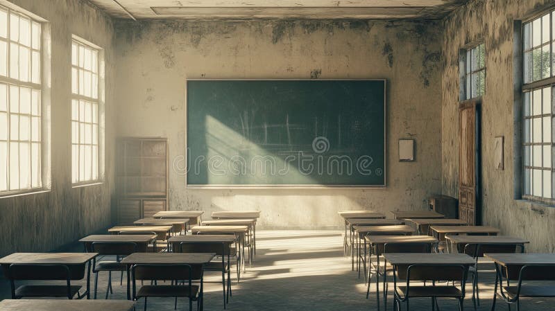 A Large Empty Classroom with Wooden Desks and Chairs, Soft Natural ...