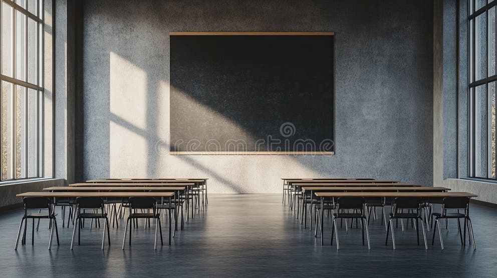 A Large Empty Classroom with Wooden Desks and Chairs, Soft Natural ...