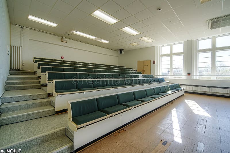 A Large Empty Classroom with Green Seats and Windows Stock Photo ...
