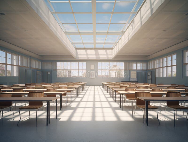 A Large Empty Classroom with Rows of Desks and Chairs. the Room is ...
