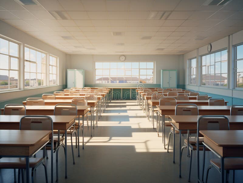 Empty Classroom with Rows of Desks and Chairs. the Room is Bright and ...