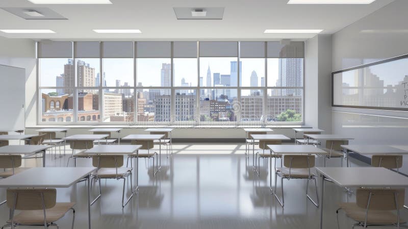 A Large, Empty Classroom with Rows of Desks and a Large Chalkboard ...