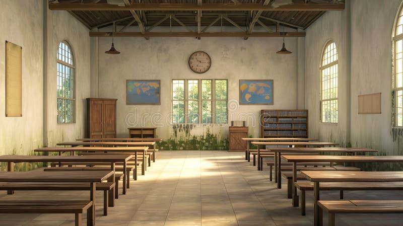 A Large, Empty Classroom with Rows of Desks and a Large Chalkboard ...