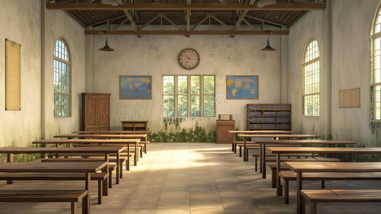 A Large, Empty Classroom with Rows of Desks and a Large Chalkboard ...