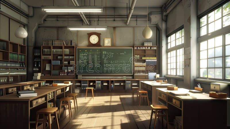 A Large, Empty Classroom with Rows of Desks and a Large Chalkboard ...