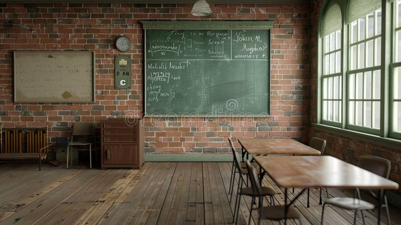 A Large, Empty Classroom with Rows of Desks and a Large Chalkboard ...