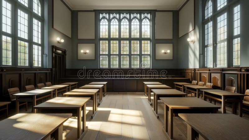 A Large, Empty Classroom with Rows of Desks and a Large Chalkboard ...
