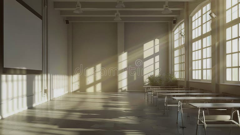 A Large Empty Classroom with Windows and Tables Stock Photo - Image of ...