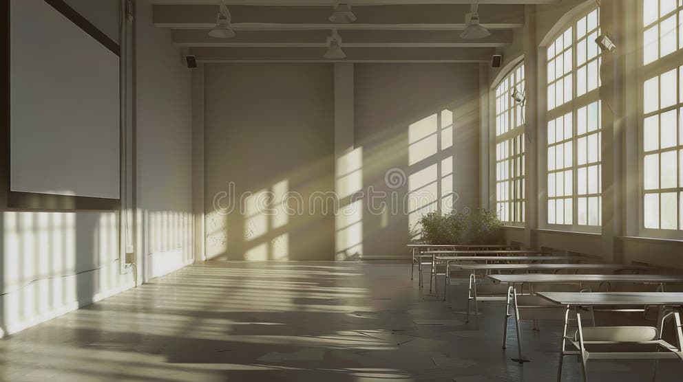 A Large Empty Classroom with Windows and Tables Stock Photo - Image of ...