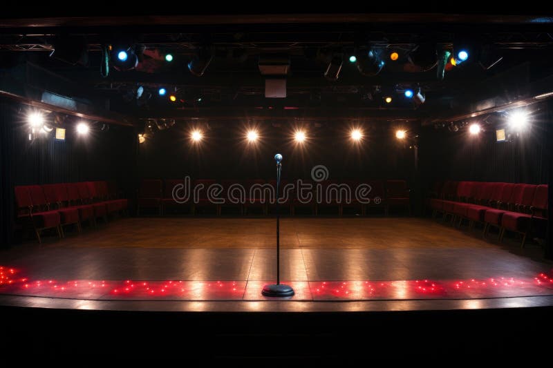 Large, Empty Comedy Club Auditorium with Spotlighted Stage Stock Photo ...