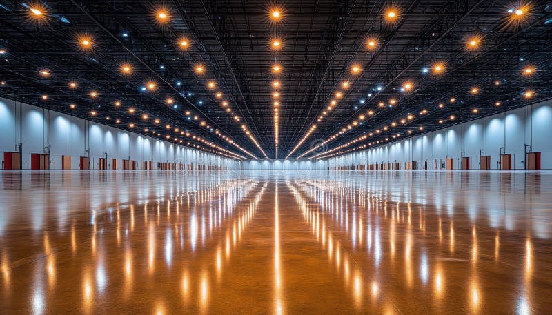 Large Empty Exhibition Hall with Polished Floor and Bright Overhead ...