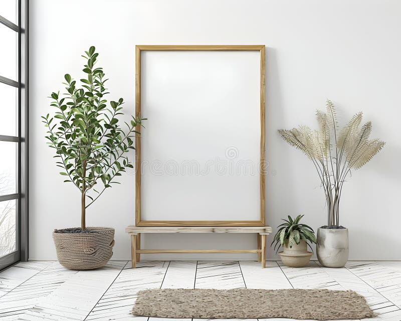 A Large Empty Frame for Wall Art Mock Up in White Boho Room Interior ...