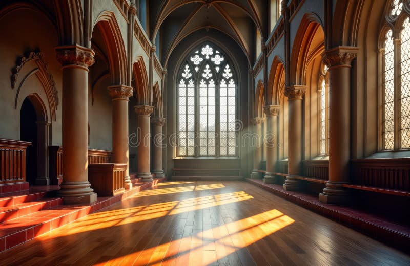 Large Empty Hall Inside Gothic Cathedral. Sunlight Streams through Tall ...