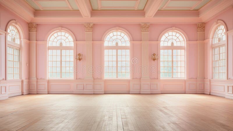 Large, Empty, High-ceilinged Room Painted Pink with Arched Windows ...