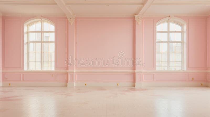 Large, Empty, High-ceilinged Room Painted Pink with Arched Windows ...