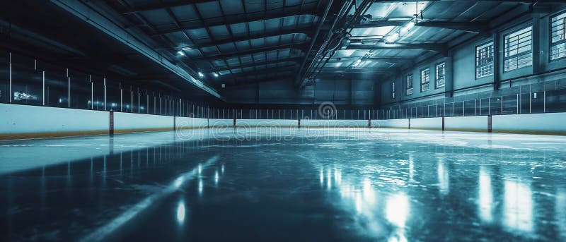 A Large Empty Ice Rink with a Few Lights on Stock Illustration ...