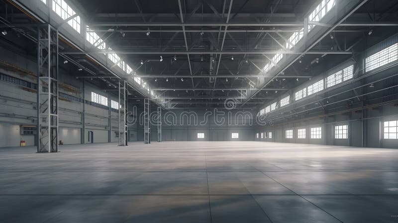 A Large Empty Industrial Hall with High Ceilings Hyper-re Created with ...
