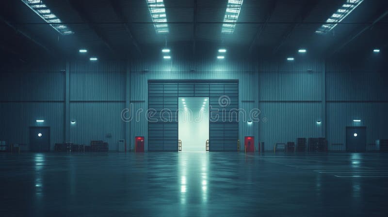 Large Empty Industrial Warehouse Interior with Open Door Stock ...