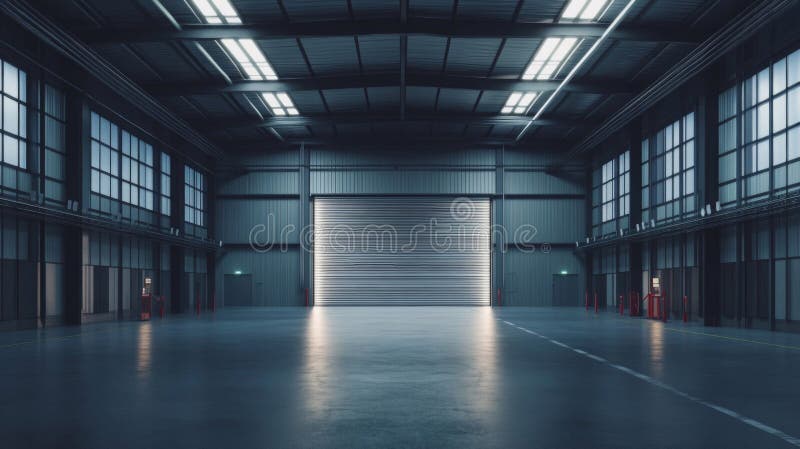Large Empty Industrial Warehouse Interior with Open Steel Door Stock ...
