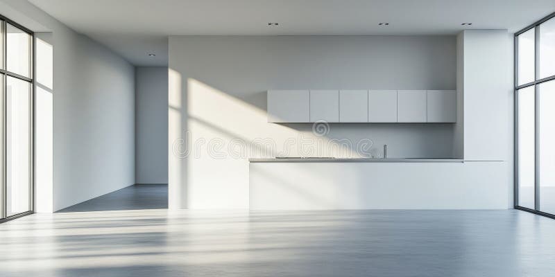A Large, Empty Kitchen with White Cabinets and a Counter Stock ...