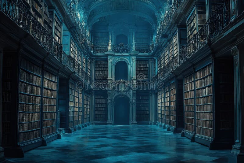 A Large, Empty Library with Blue Walls and Shelves Stock Image - Image ...