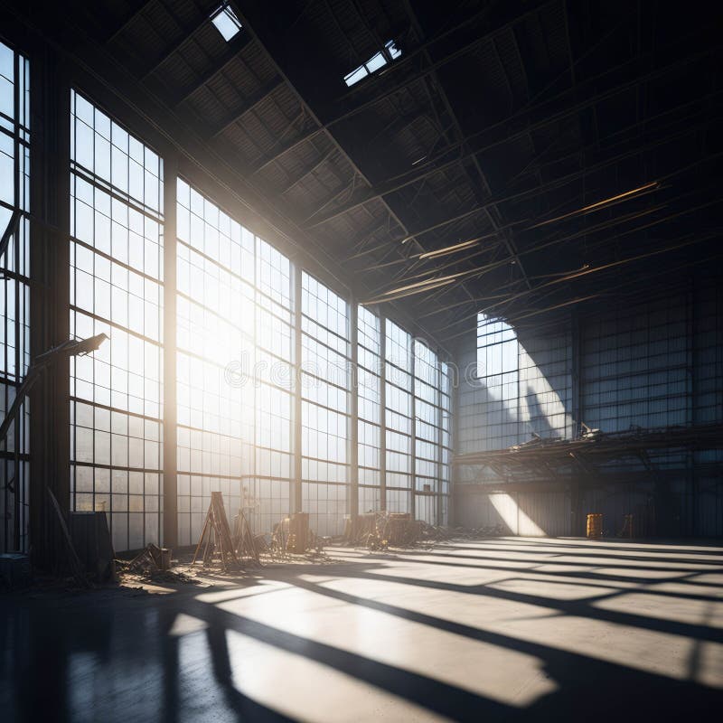 Large Empty Metal Factory Hangar, Big Windows with Sunrays Trough Dust ...