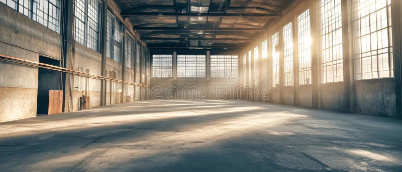 Large, Empty Modern Warehouse with High Ceilings and Panoramic Windows ...