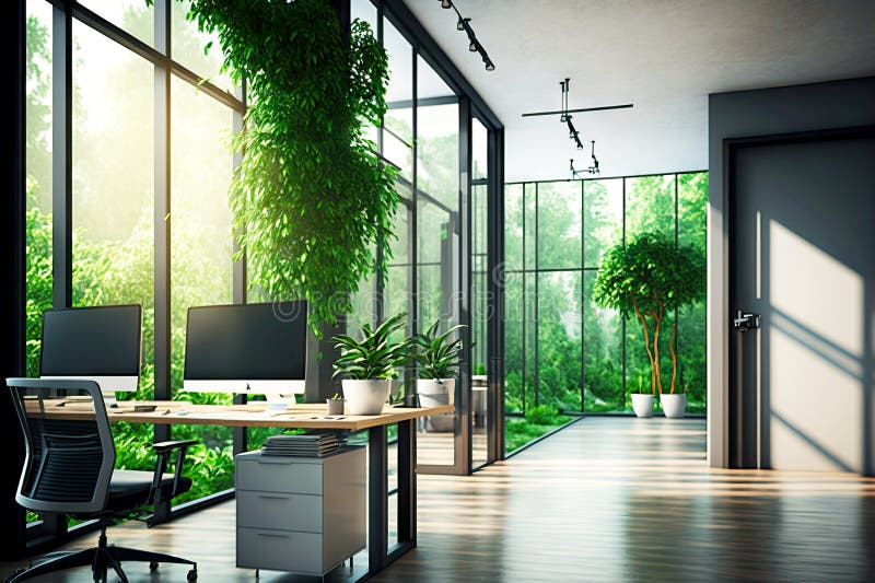 Large Empty Office with Floor-to-ceiling Windows and Green Garden with ...