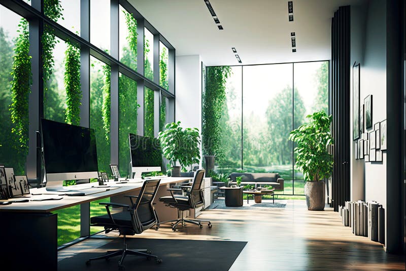 Large Empty Office with Floor-to-ceiling Windows and Green Garden with ...