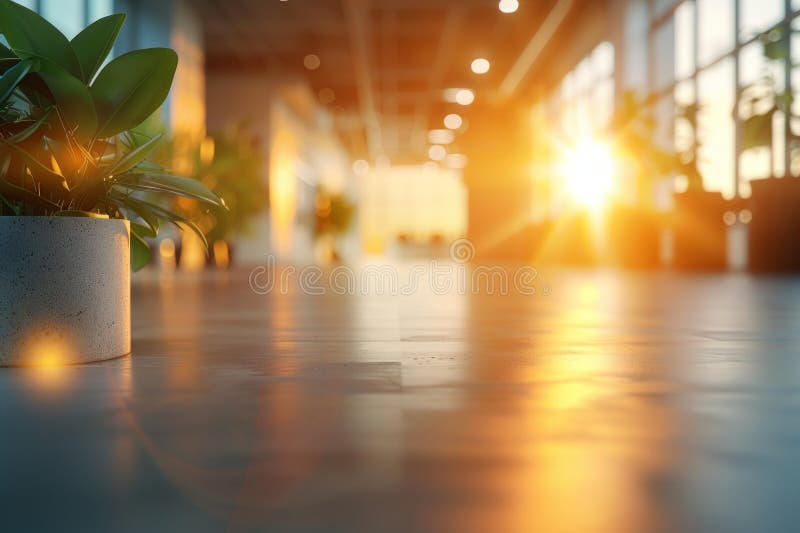 A Large, Empty Office Room with a Sun Shining through the Windows ...