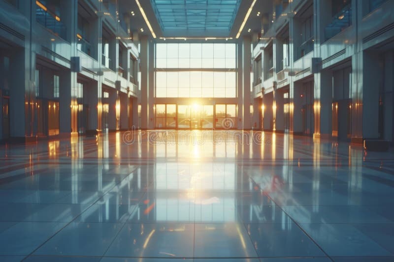 A Large, Empty Office Room with a Sun Shining through the Windows ...