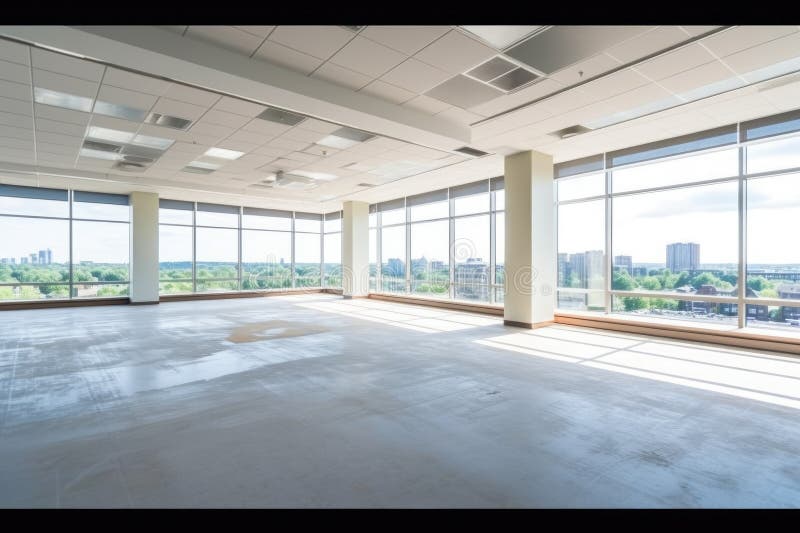 Large Empty Office Space with Expansive Windows Stock Image - Image of ...