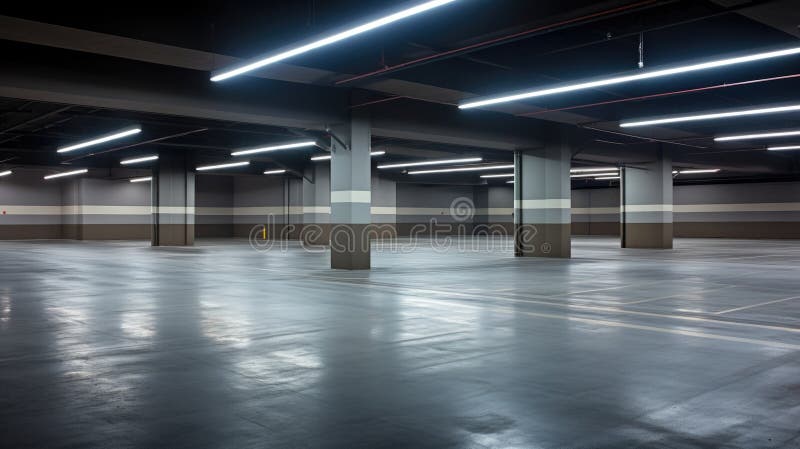 A Large Empty Parking Garage with Lights on, Futuristic Parking Lot ...