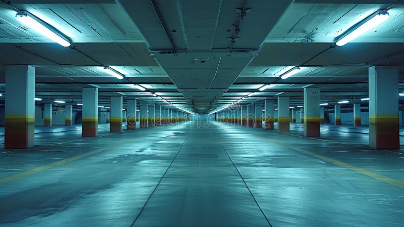 A Large Empty Parking Garage with Yellow and Blue Lights, AI Stock ...