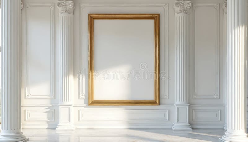 Large Empty Rectangular Painting in Gold Frame Hangs on White Wall with ...