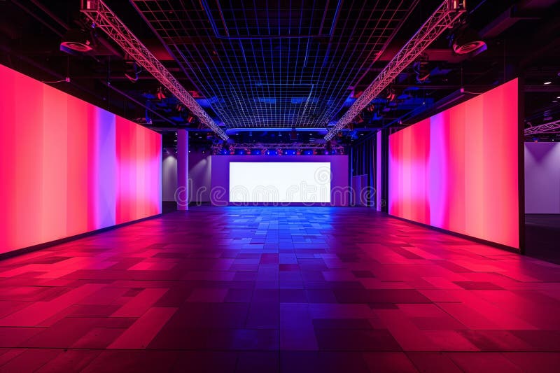 A Large, Empty Room with a Big LED Screen on the Wall, LED Lights, and ...