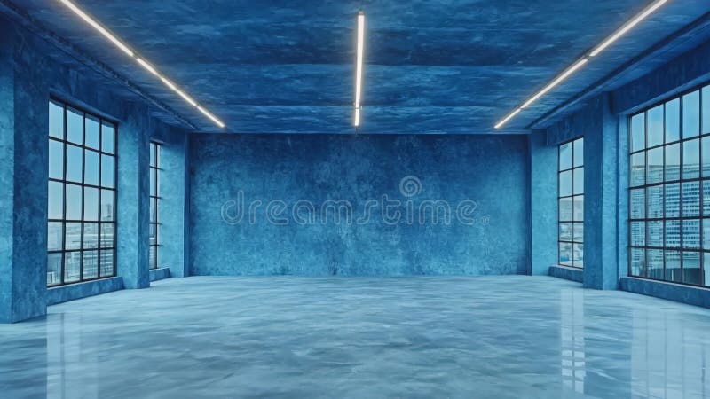 A Large Empty Room with Blue Walls and Windows Stock Video - Video of ...