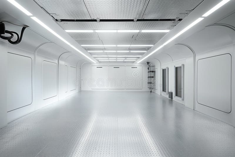 Large Empty Room with Ceiling, Grid-like Window Pattern. Gray Walls ...