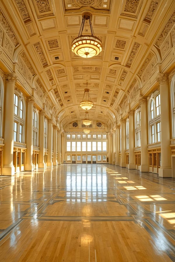 A Large Empty Room with a Chandelier Hanging from the Ceiling ...