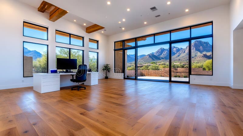 A Large Empty Room with a Desk and a Computer in it Stock Image - Image ...