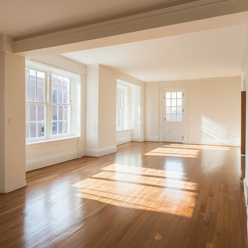 A Large, Empty Room with a Door and Windows Stock Illustration ...