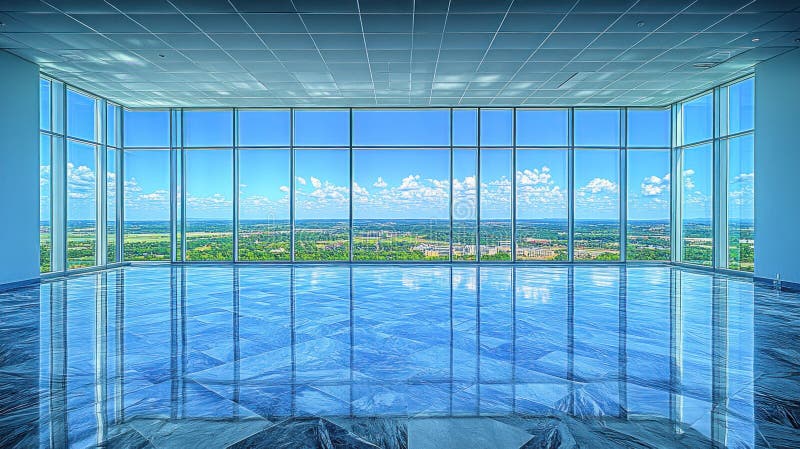 A Large Empty Room with Floor-to-ceiling Windows Overlooking a City ...