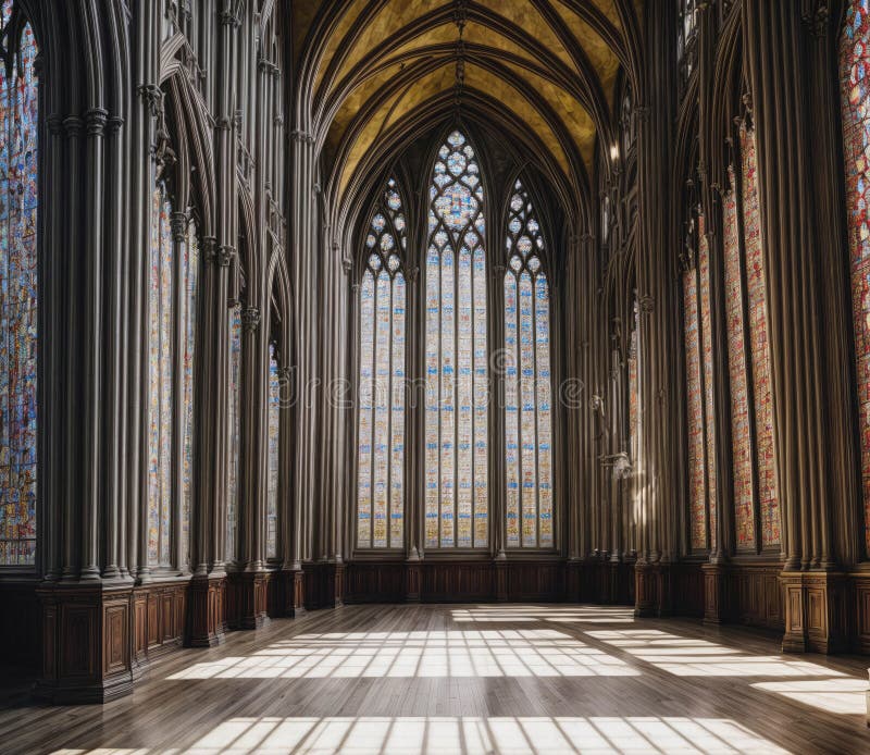 A Large, Empty Room with Stained Glass Windows Stock Image - Image of ...