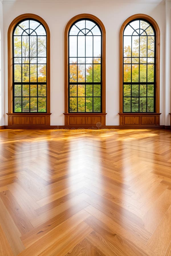 A Large Empty Room with Three Arched Windows in it Stock Photo - Image ...