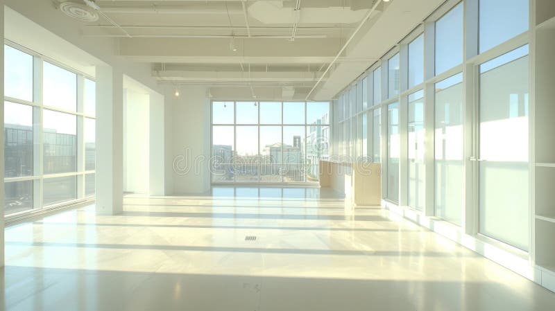 A Large, Empty Room with a View of a City Skyline Stock Illustration ...