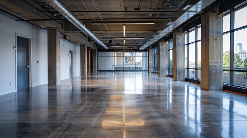 A Large, Empty Room with a View of a City Skyline Stock Image - Image ...