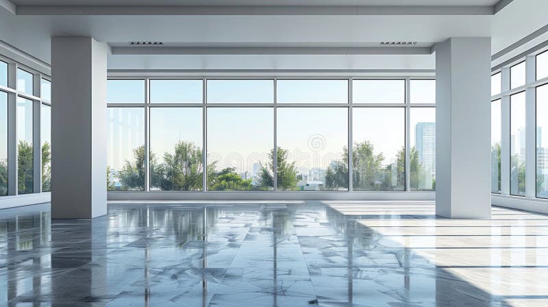 A Large, Empty Room with a View of a City Skyline Stock Image - Image ...
